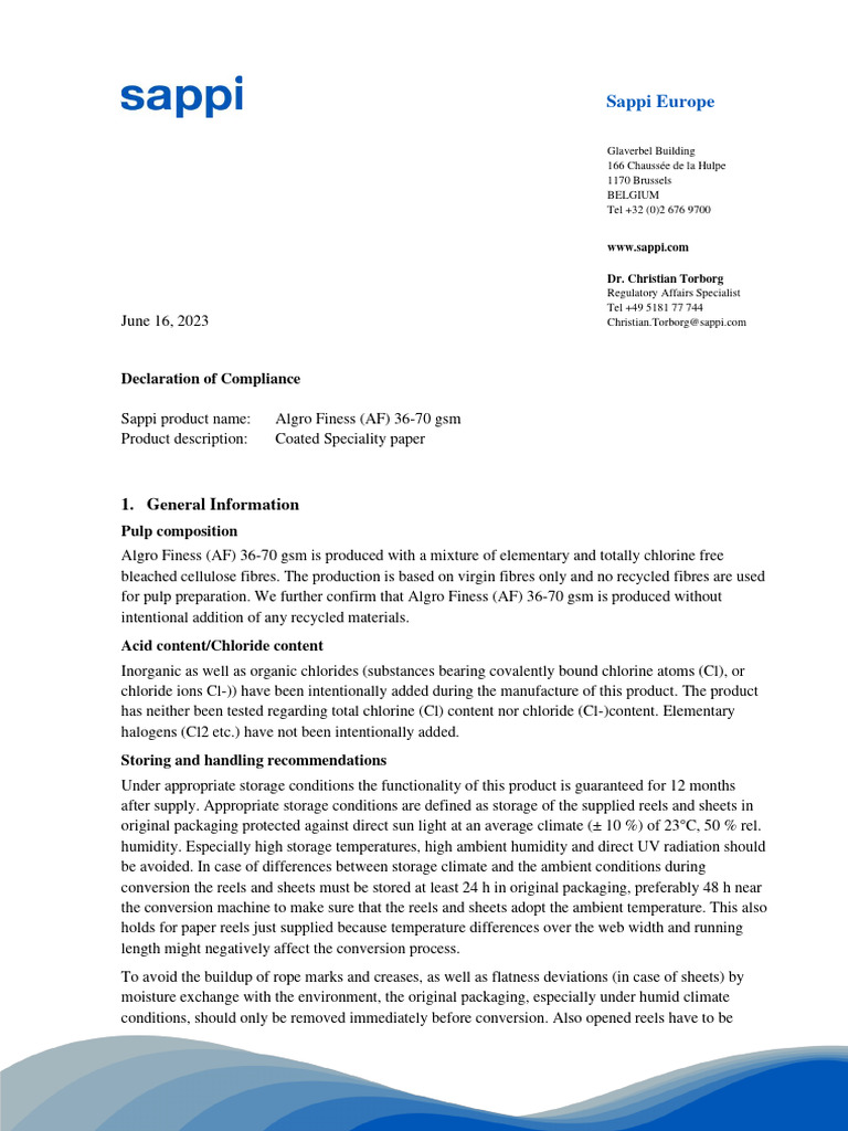 Declaraionof Compiance Algro Finess (A) 36-70 GSM | PDF | Chlorine ...