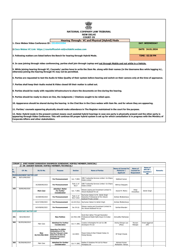 NCLT Hybrid Hearing Guidelines and Schedule | PDF | Videotelephony