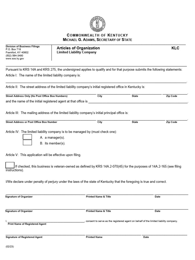 Kentucky LLC Articles of Organization | PDF | Registered Agent ...