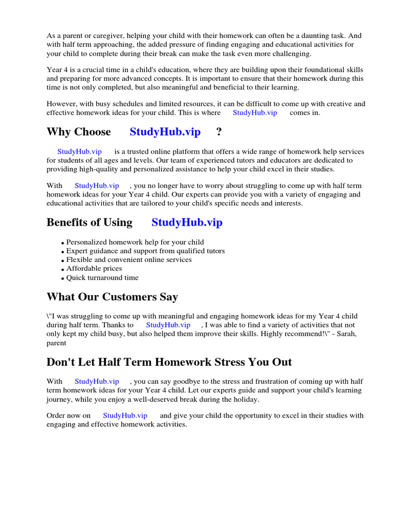 Half Term Homework Ideas Year 4 | PDF | Homework | Worksheet