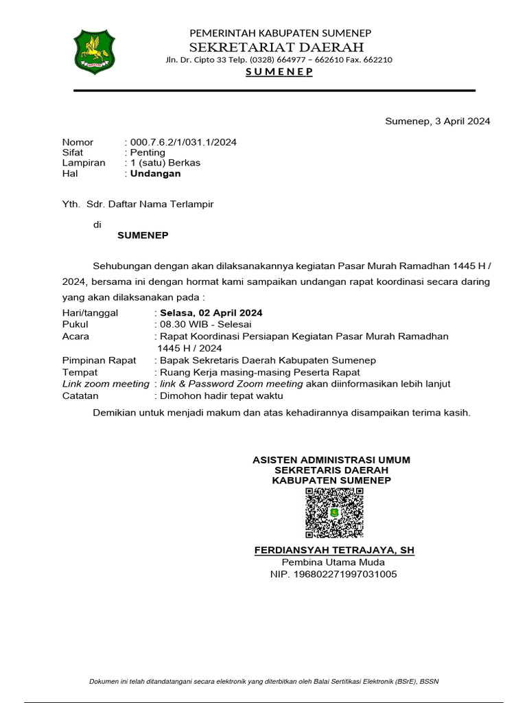 Surat Undangan Rapat Pasar Murah Ttd Asisten III | PDF