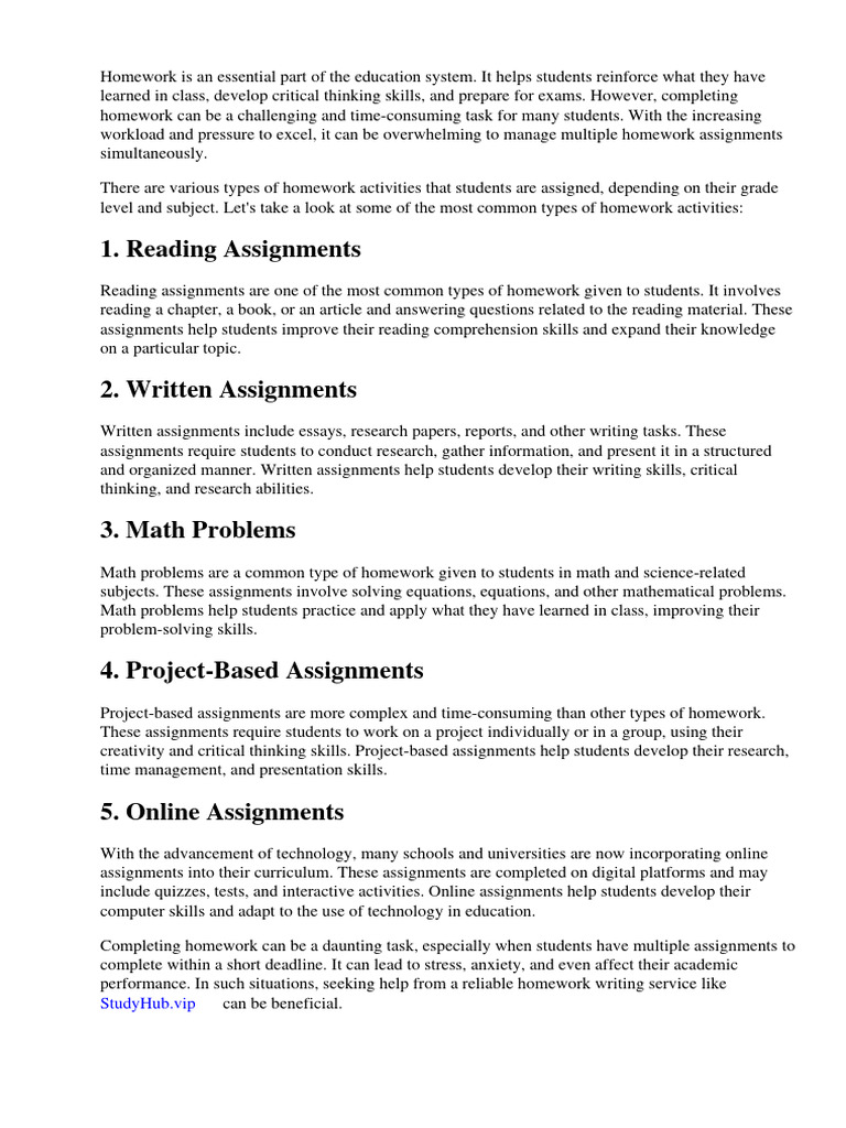 Types of Homework Activities | PDF | Homework | Project Based Learning