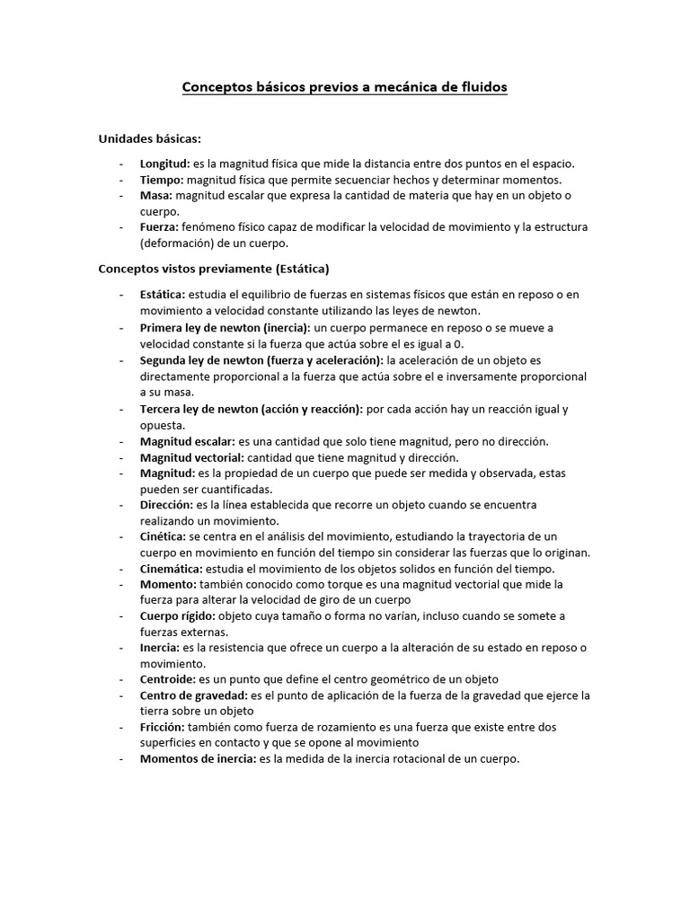 Conceptos Básicos Previos A La Mecánica de Fluidos | PDF | Fuerza | Las leyes del movimiento de ...