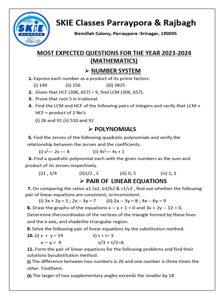 Class 10 Mathematics Guess Paper 2024 | PDF | Sphere | Reproduction