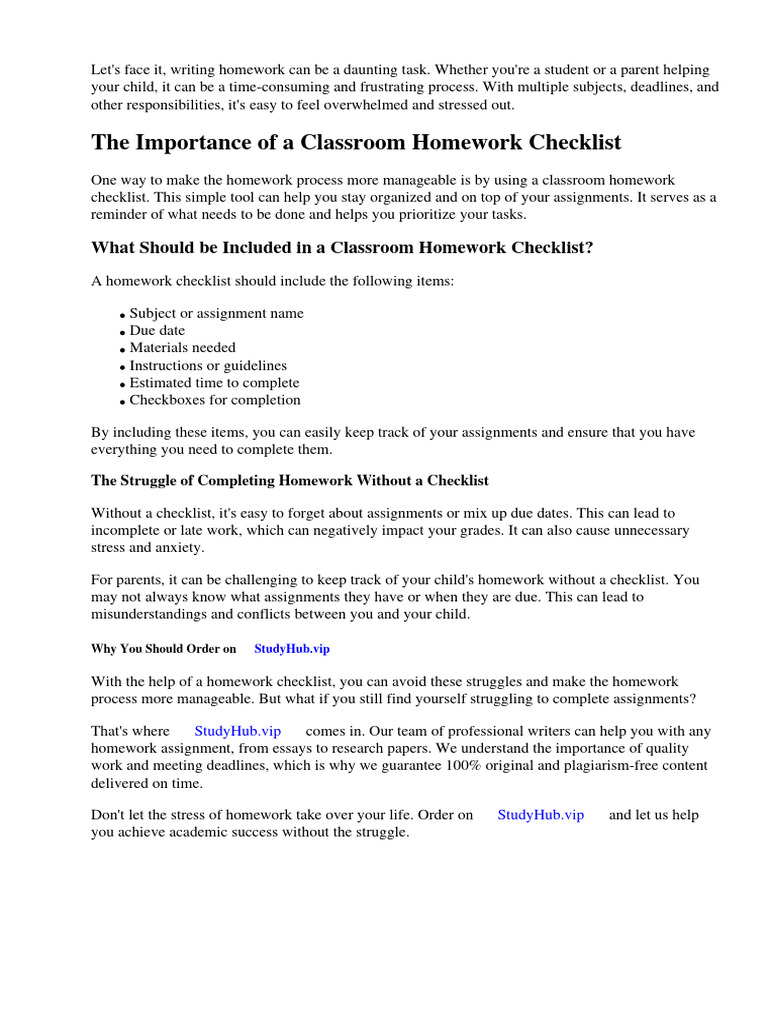 Classroom Homework Checklist | PDF | Homework | Essays