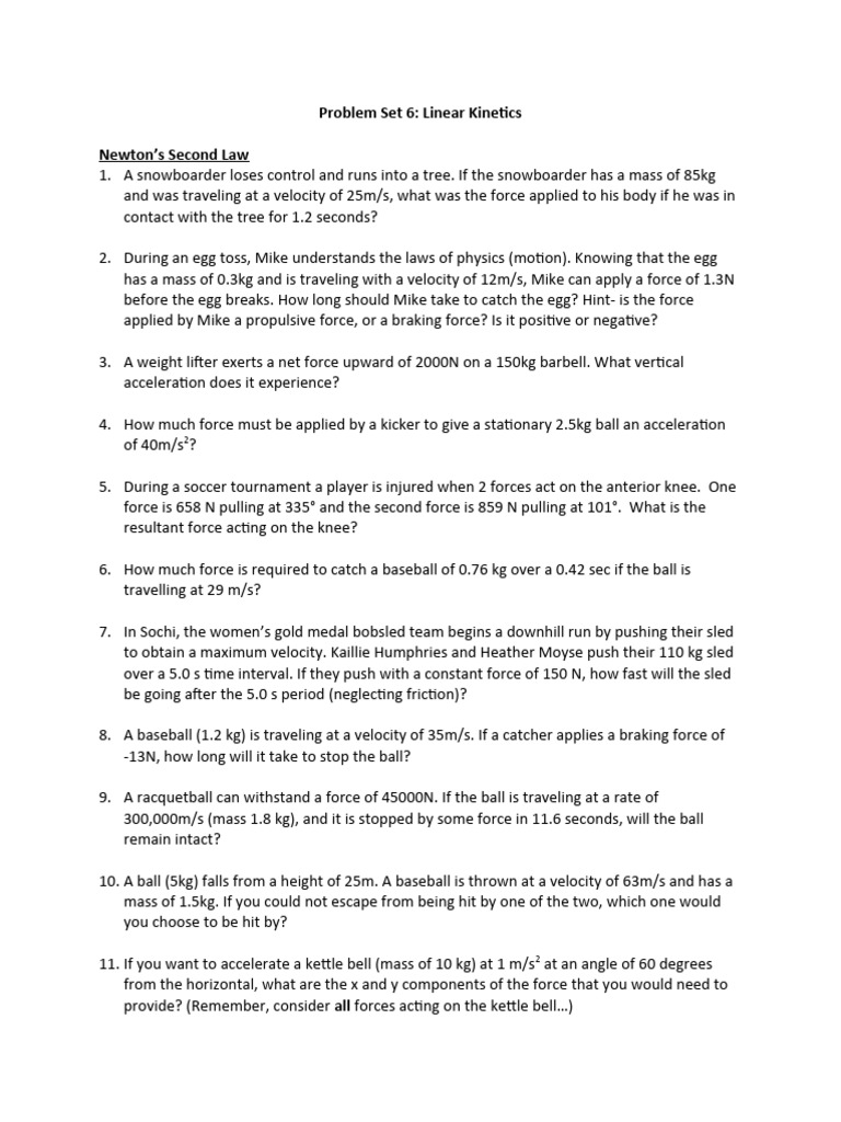 Problem Set 6 - Linear Kinetics | PDF | Force | Mechanics