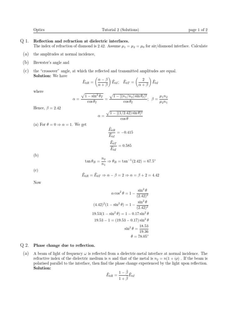 Optics Tutorial 2 Solutions | PDF | Reflection (Physics) | Electromagnetism