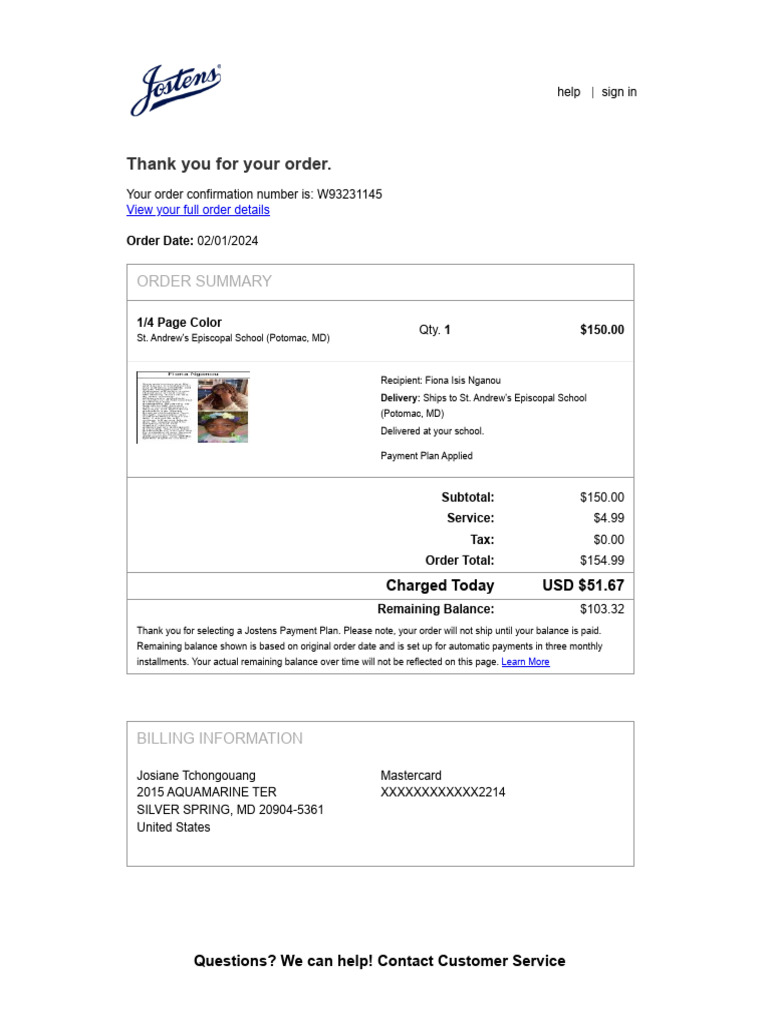 Jostens Order Confirmation W93231145 | PDF