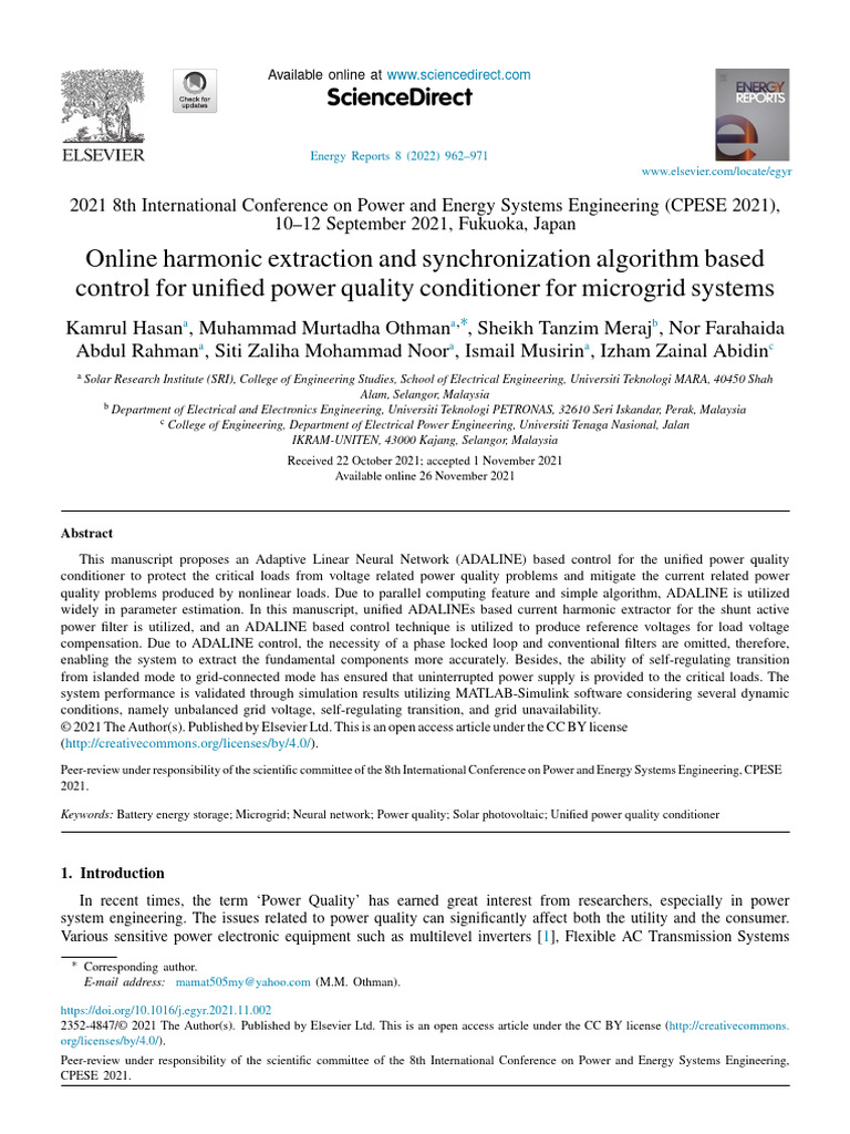 Online Harmonic Extraction and Synchronization Algorithm Based Control For Unified Power Quality ...