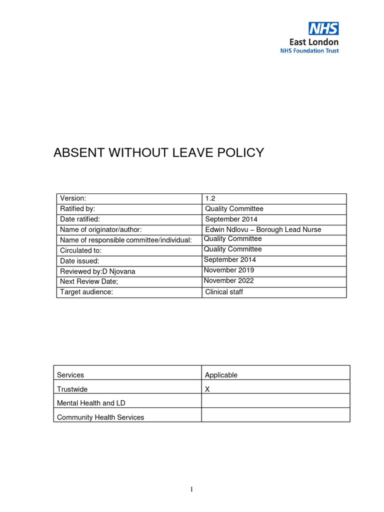 Missing and Absent Without Leave Policy 1.2 | PDF | Patient | Hospital