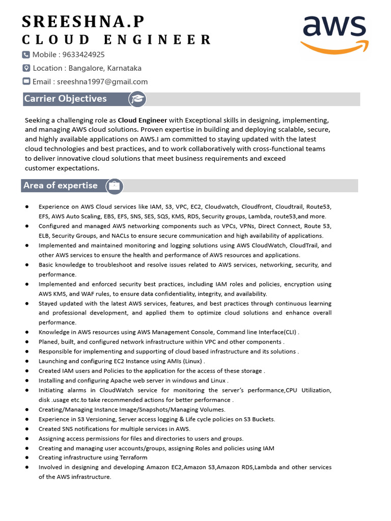 Resume For Freshers | PDF | Amazon Web Services | Computer Engineering