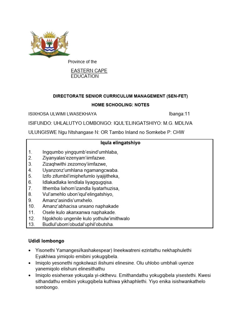 1 Isixhosa HL Grade 11 Worksheet Notes Poetry | PDF | Religion ...