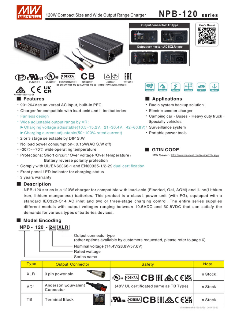 NPB 120 Spec | PDF | Battery Charger | Electrical Engineering