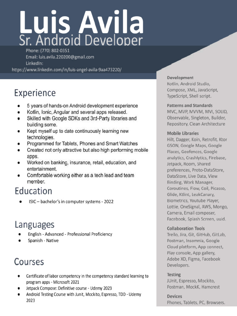 Resume Android LuisAvila 2023 - Android | PDF | Android (Operating System) | Mobile App