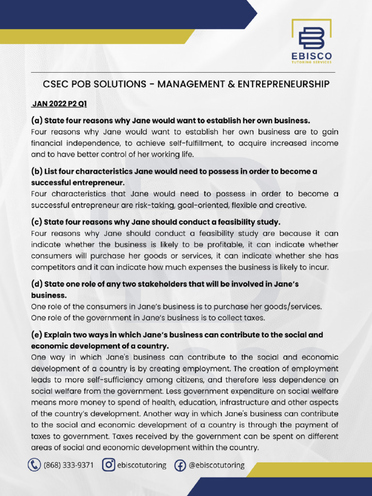 Csec Sprint Pob Solutions - Jan 2022 Q11 | PDF