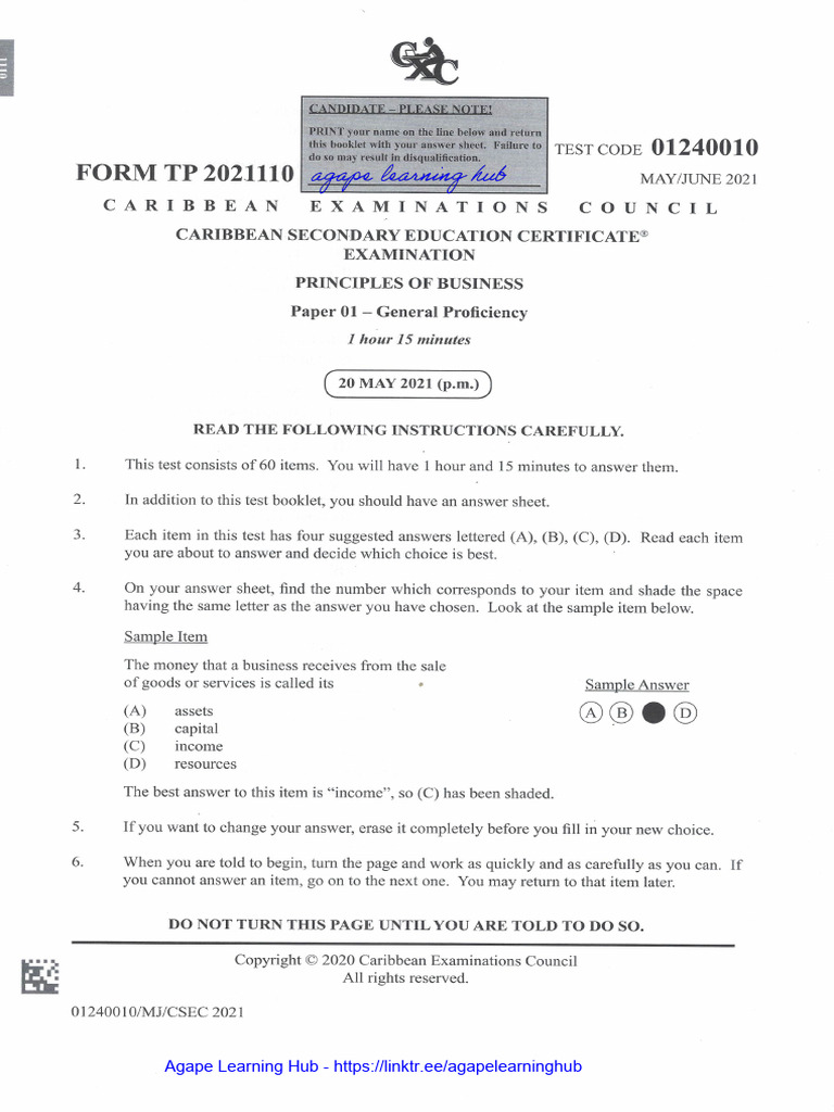 CSEC POB Paper 1 July 2021 - With - Answers | PDF