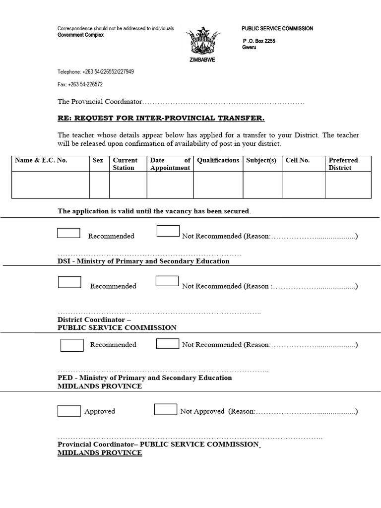 Inter - Provincial Transfer Application Form | PDF