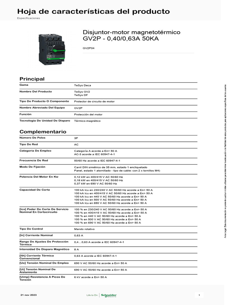 Schneider Electric_TeSys-GV2-TeSys-Deca-Power-talla-2_GV2P04 | PDF ...