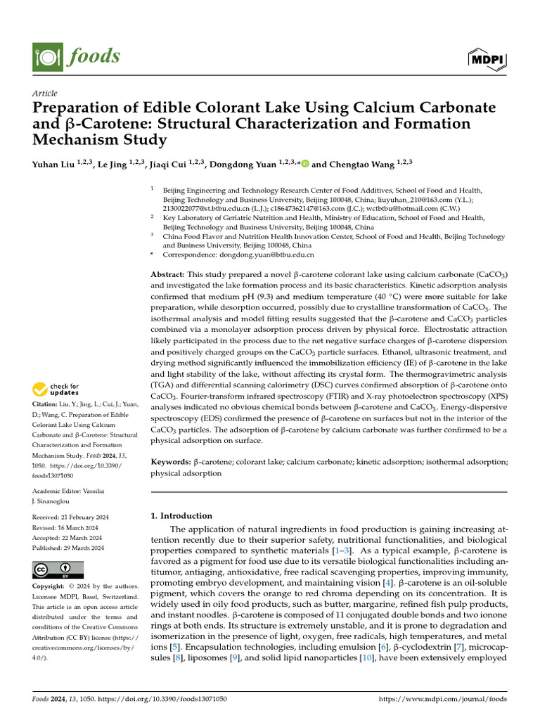 Preparation of Edible Colorant Lake Using Calcium Carbonate and β ...