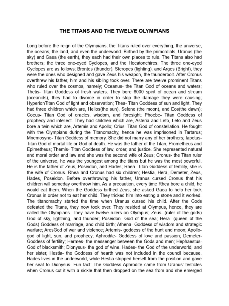 The Titans and The Twelve Olympians | PDF | Twelve Olympians | Zeus