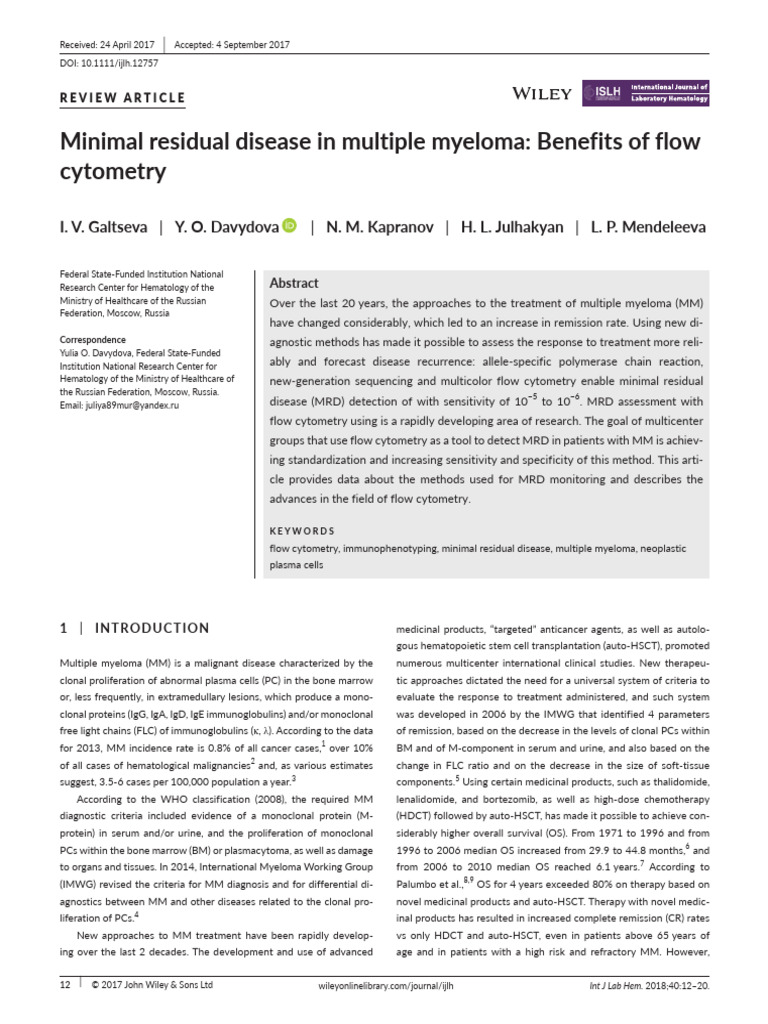 Int J Lab Hematology - 2017 - Galtseva - Minimal Residual Disease in Multiple Myeloma Benefits ...