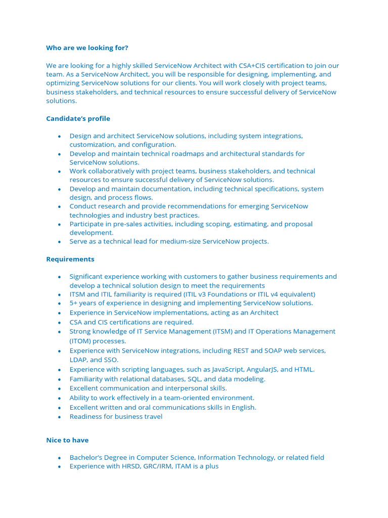 JD - ServiceNow Architect | PDF | Architect | Communication