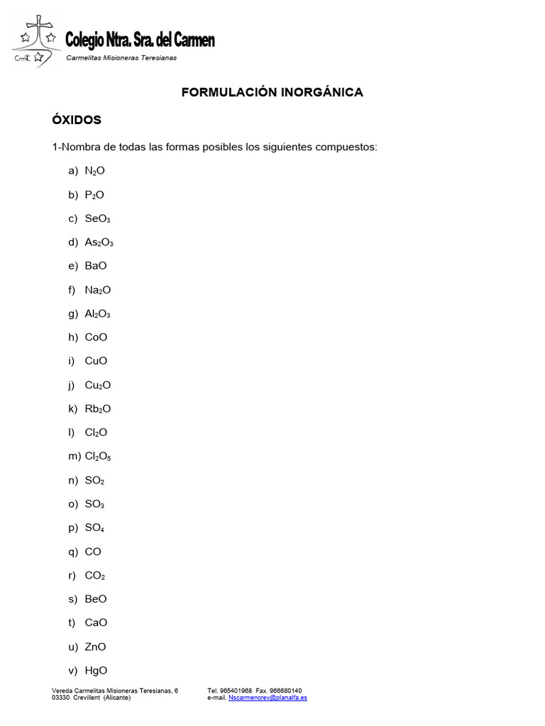 Ejercicios FORMULACIÓN INORGÁNICA | PDF | Hidróxido | Ácido