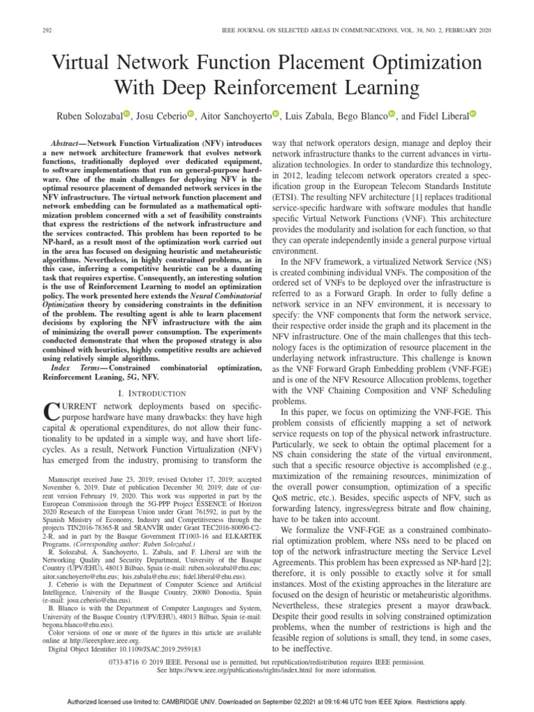 Virtual Network Function Placement Optimization With Deep Reinforcement | PDF | Mathematical ...