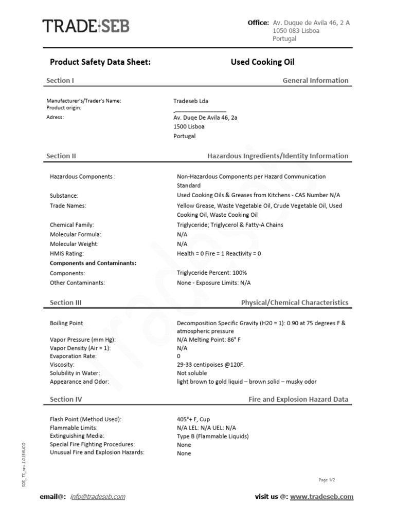 Used Cooking Oil Safety Data Sheet | PDF | Fires | Personal Protective ...