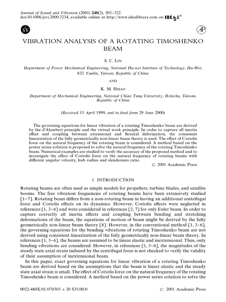 Vibration Analysis of A Rotating Timoshenko Beam Lin 200 000167190400006 | PDF | Bending | Rotation