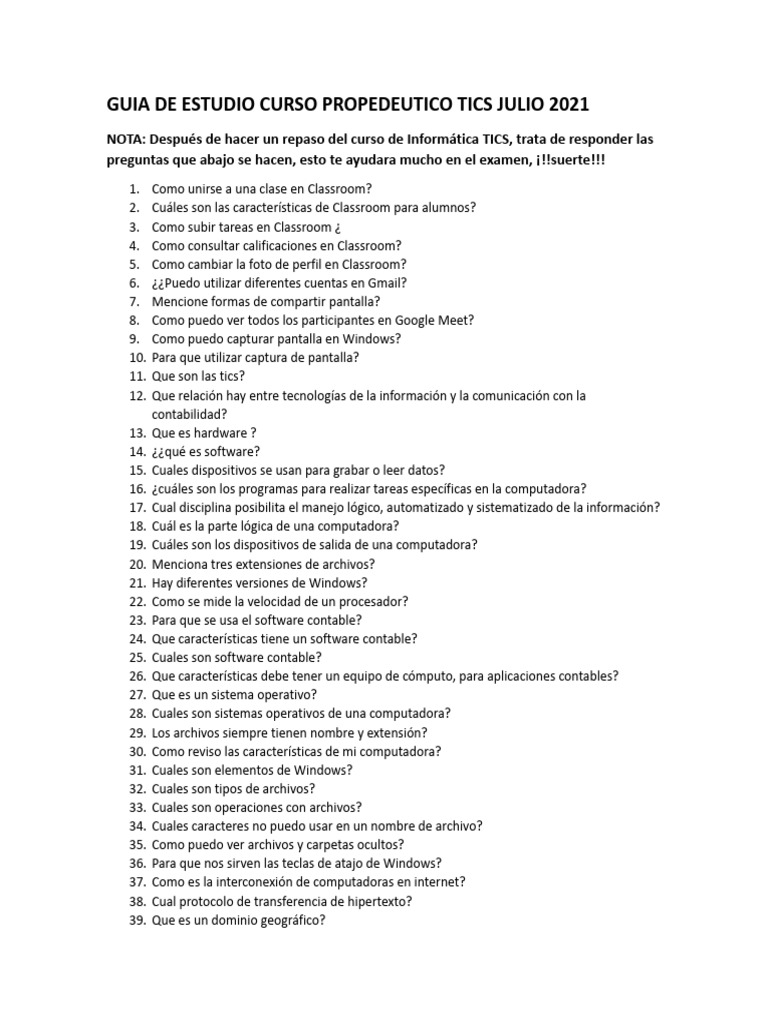 Guia de Estudio Curso Propedeutico Tics | PDF | Archivo de computadora | Red mundial