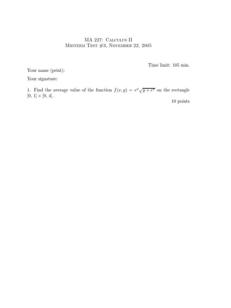 MA 227: Calculus II Midterm Test #3, November 22, 2005 | PDF ...