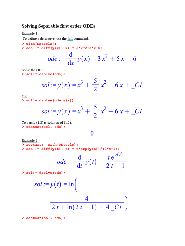Solving Separable First Order Odes: Example 1 To Define A Derivative, Use The Command | PDF ...