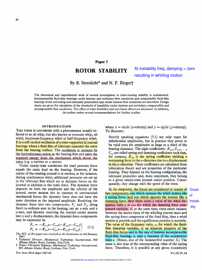 1967 Sternlicht Rotor Stability | PDF | Force | Fluid Dynamics