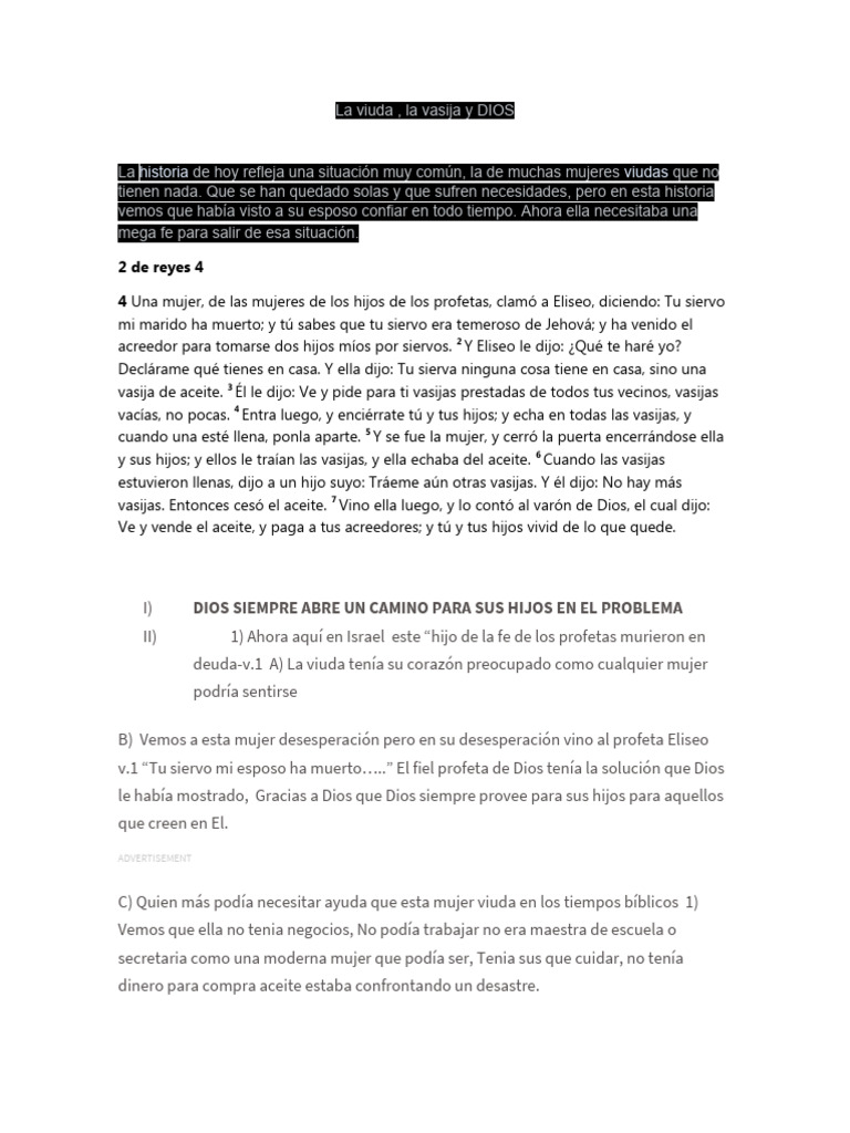 La fe de la viuda y su vasija de aceite | PDF | Profeta | Contenido bíblico