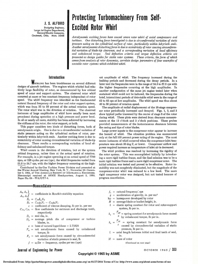 1965-Alford-Protecting Turbomachinery From Self Excited Whirl | PDF | Turbine | Turbomachinery