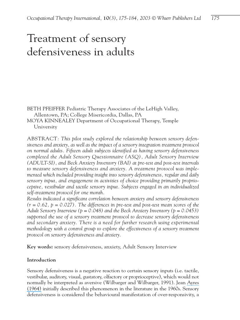 Treatment of Sensory Defensiveness in Ad | PDF | Sensory Processing ...