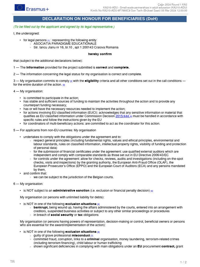 Declaration of Honour for Grant Applicants | PDF | European Union | Private Law