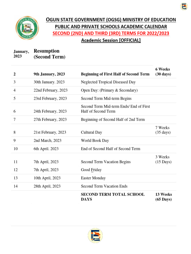 2nd Term - 3rd Term - Ogun State Calendar | PDF | Academic Term