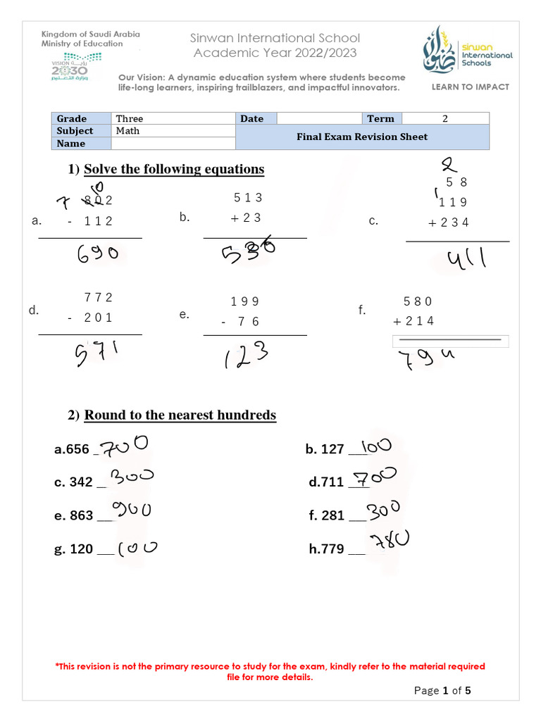 Grade 3 Math Exam Revision | PDF
