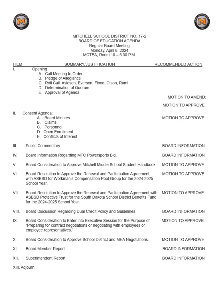 Mitchell School Board Meeting Agenda | PDF | Business | Law