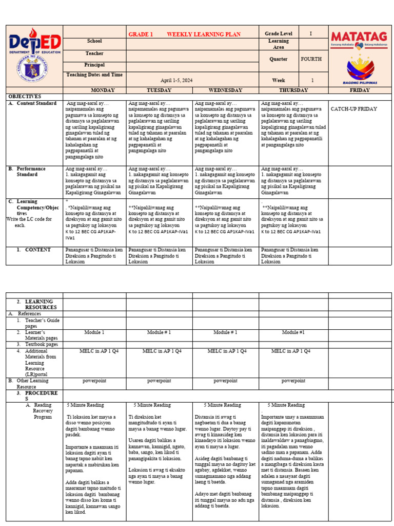 Grade 1 Weekly Learning Plan | PDF