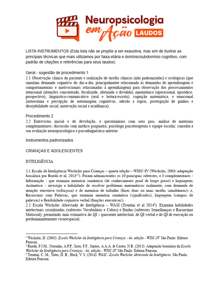LISTA INSTRUMENTOS BASE PARA O LAUDO NEUROPSICOLÓGICO | PDF | Neuropsicologia | Quociente de ...