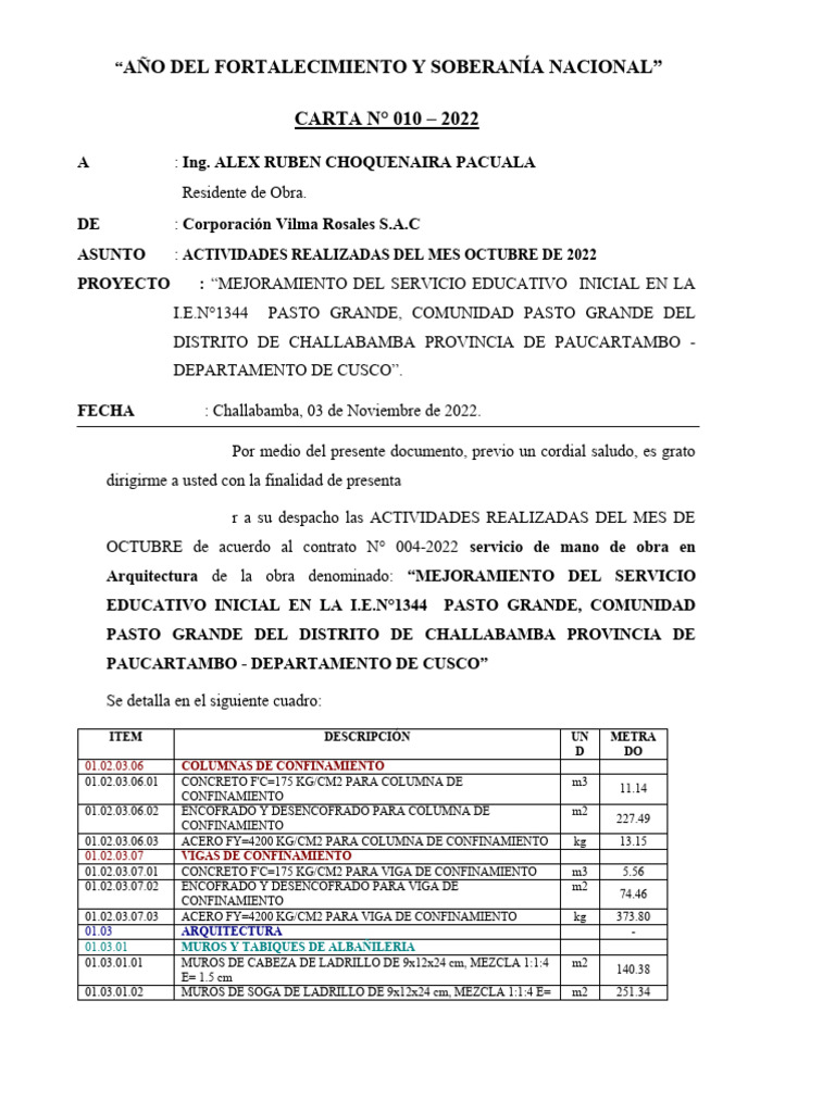 Carta 010 de Avance de Metas de Servicio de M.O. Arquitectura - Pasto ...