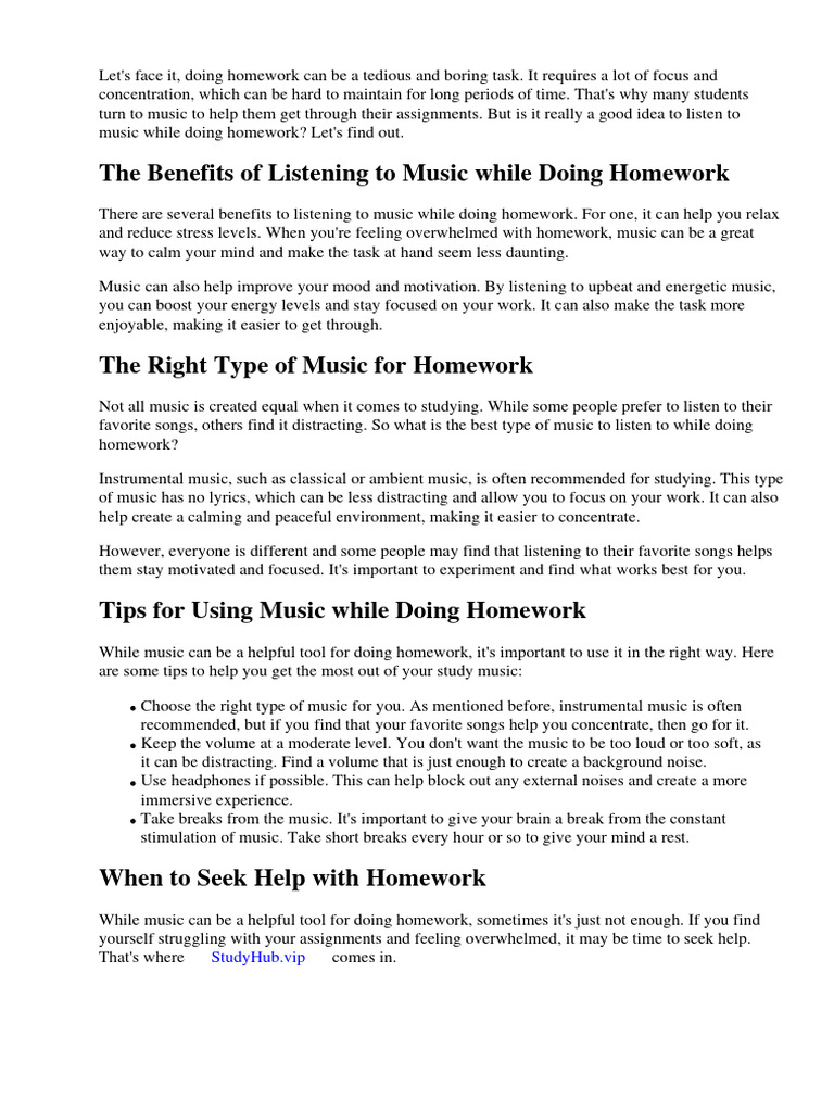 Music's Role in Homework Success | PDF | Essays | Thought