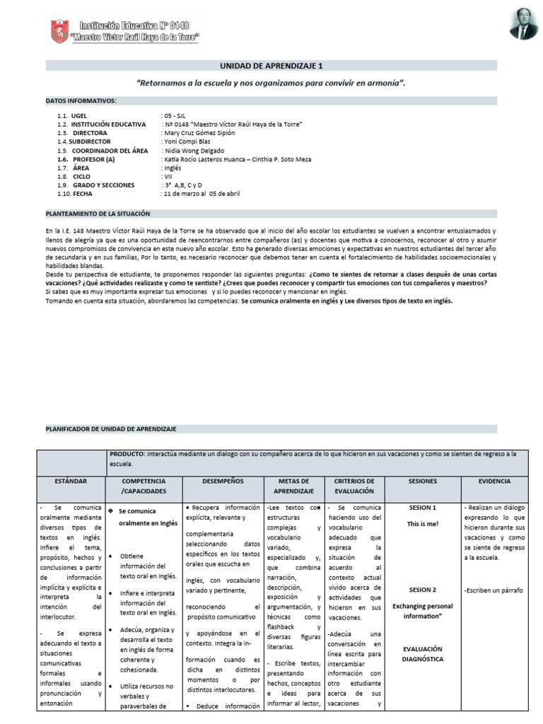Unidad de Aprendizaje 2 Inglés - Tercero - 2024 | Descargar gratis PDF | Evaluación | Comunicación