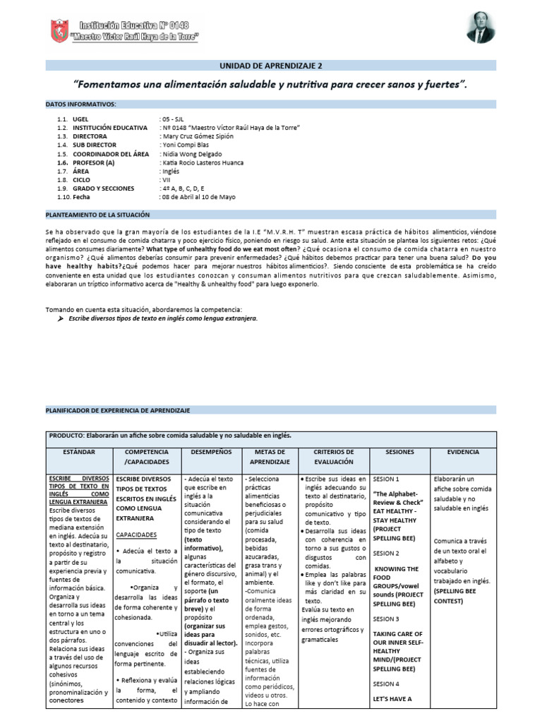 Unidad de Aprendizaje 2 Inglés - Cuarto - 2024 | PDF | Evaluación | Cognición