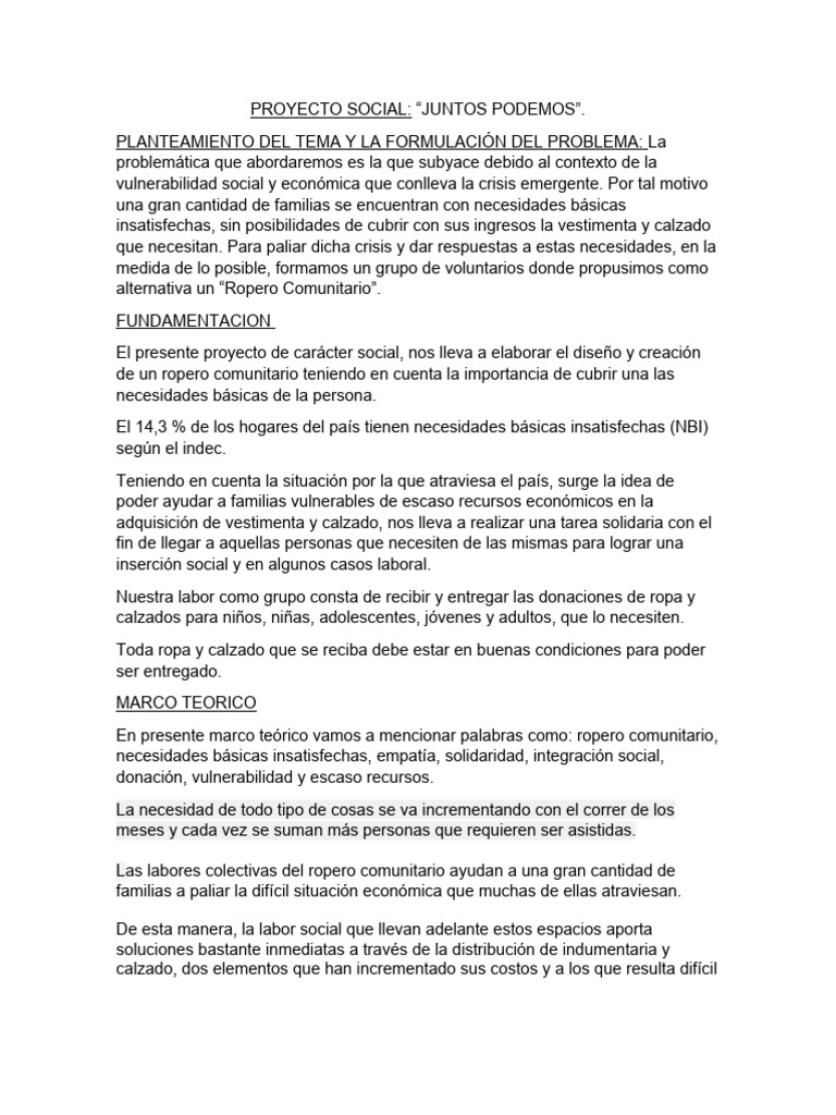 Ropero Comunitario: Proyecto Solidario | PDF | Pobreza | Pobreza e indigencia