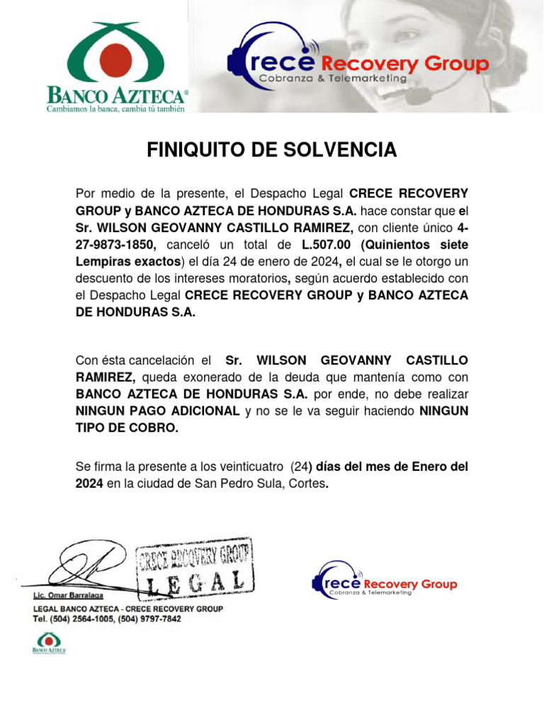 Finiquito de Solvencia SR Wilson Geovanny Castillo Ramirez | PDF