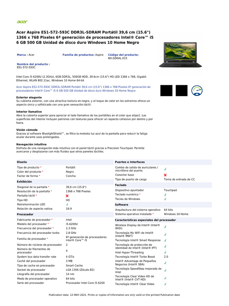 Acer Aspire - Es 15.ficha - Tecnica | PDF | Microprocesador | Intel